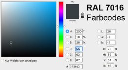 RAL 7016 – Farbe als NCS Alternative und RGB/CMYK Code