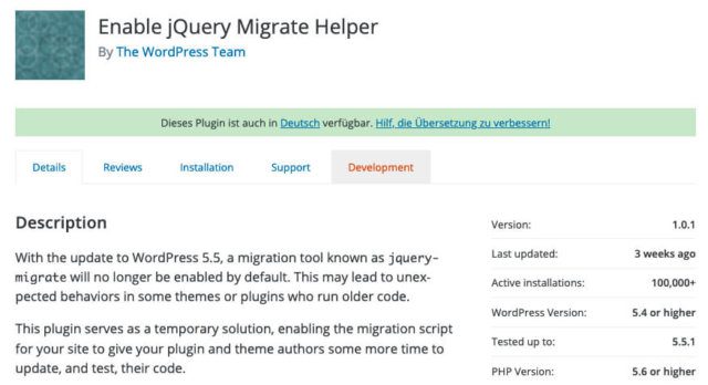 WordPress 5.5 Probleme? "jQuery Migrate Helper Plugin" könnte helfen